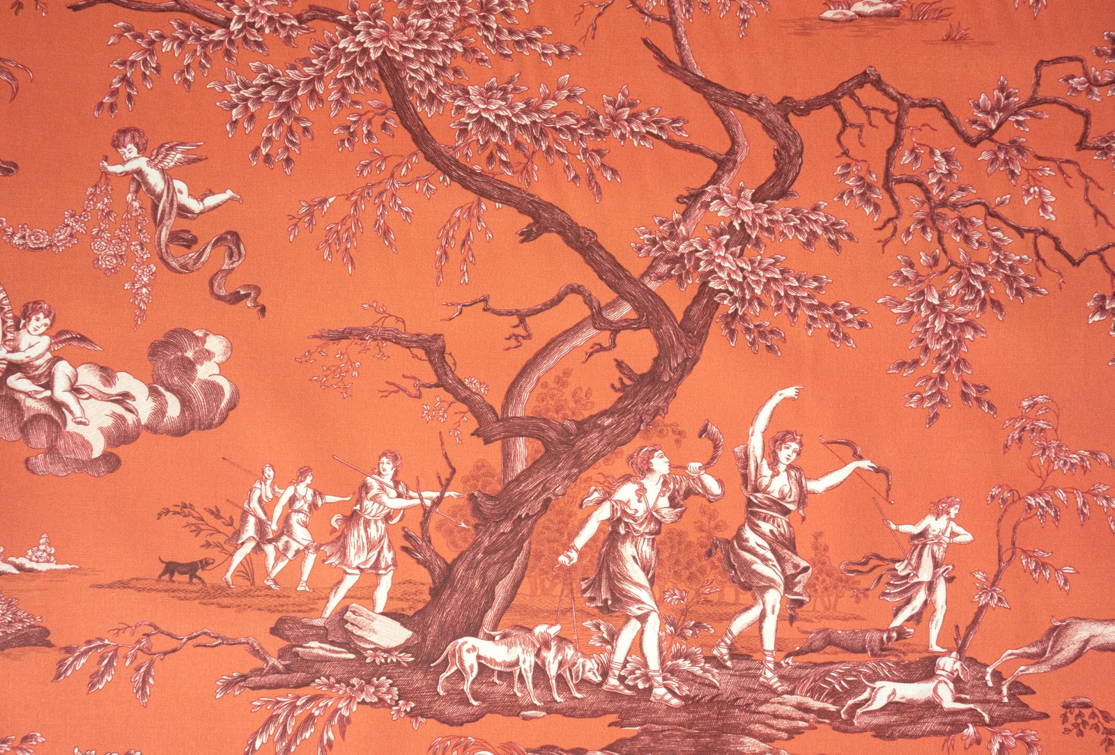 Dekostoff, Baumwollstoff, orange, bordeaux, figürliche Motive, 2,80m ...